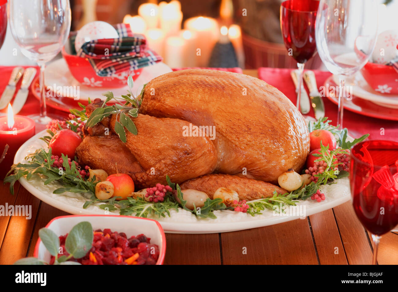 Christmas table with roast turkey (USA Stock Photo - Alamy