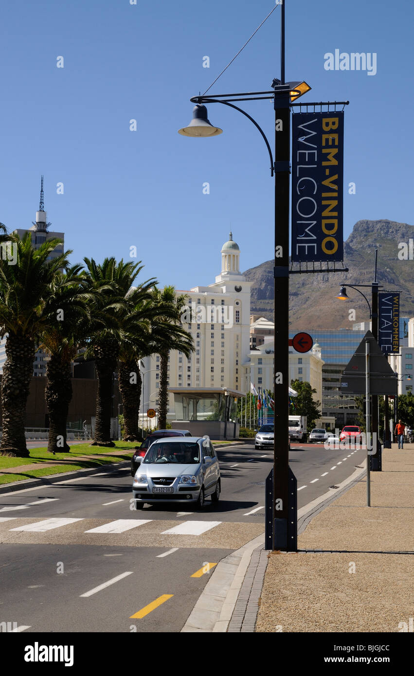 Welcome banner hanging from lamp post on the foreshore in Cape Town ...