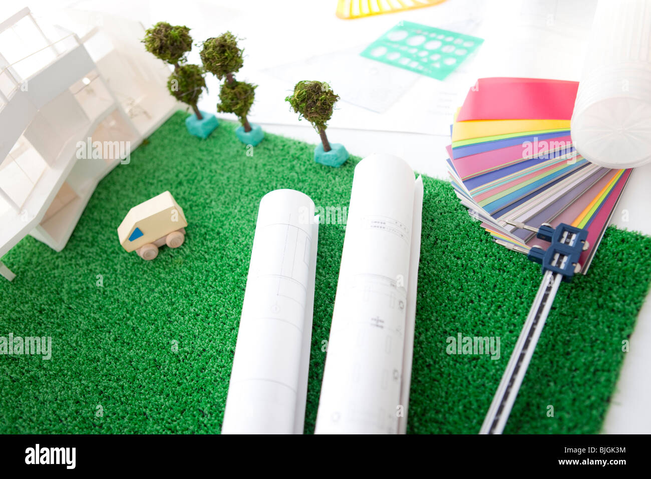 Model building, building plans and colour swatch Stock Photo - Alamy