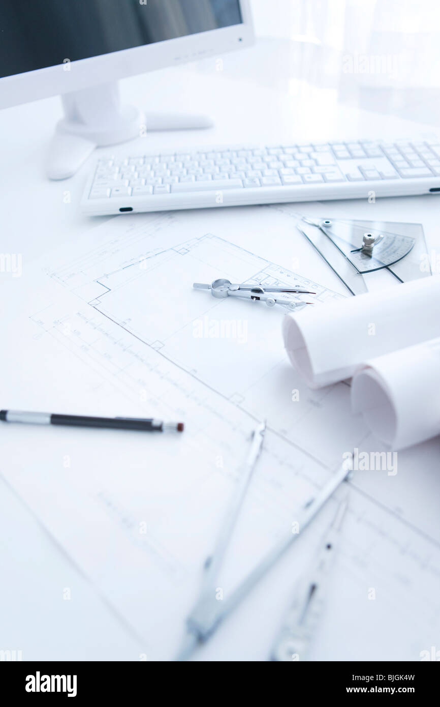 Building plan drawing equipment Stock Photo - Alamy