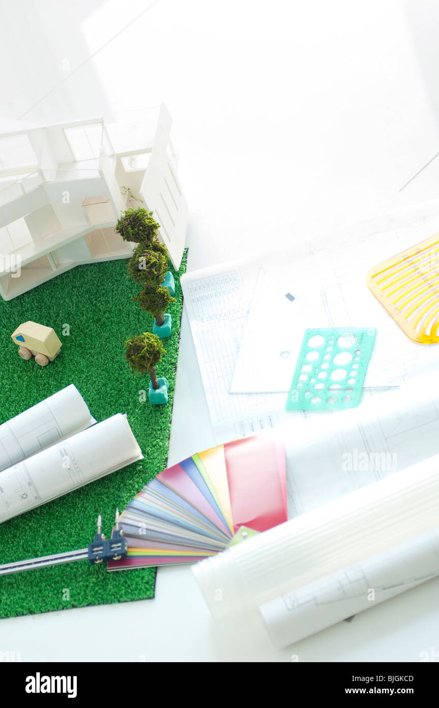 Model building, building plans and colour swatch Stock Photo - Alamy