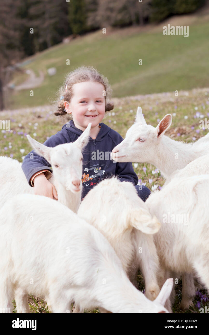 Little girl with kids in an Alpine pasture Stock Photo - Alamy