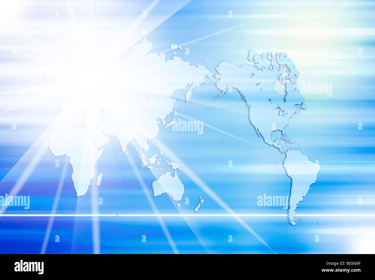 World map emitting beams of light Stock Photo - Alamy