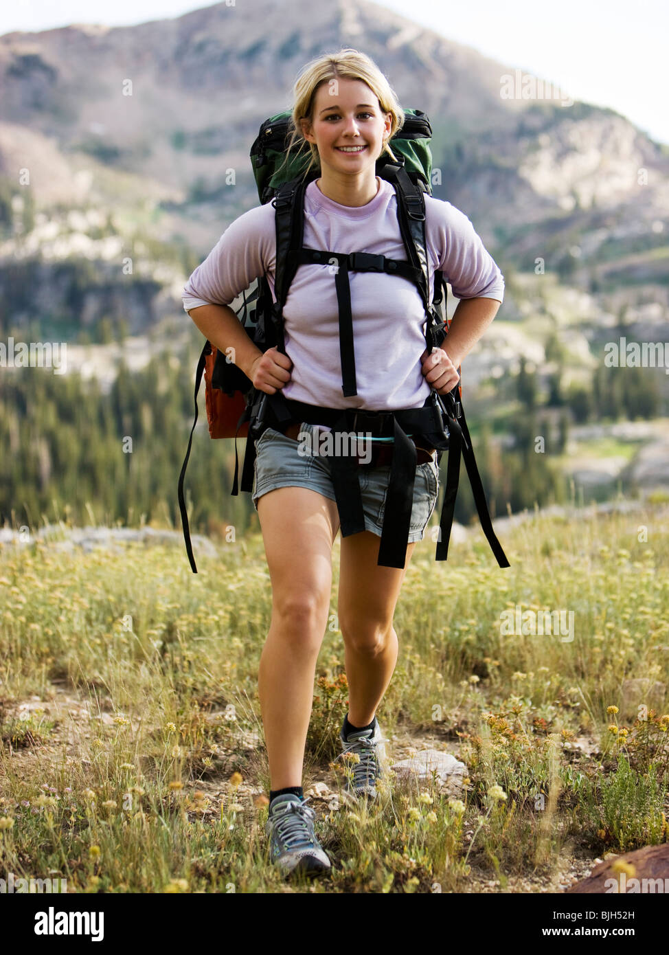 backpackers hiking through the wilderness Stock Photo - Alamy