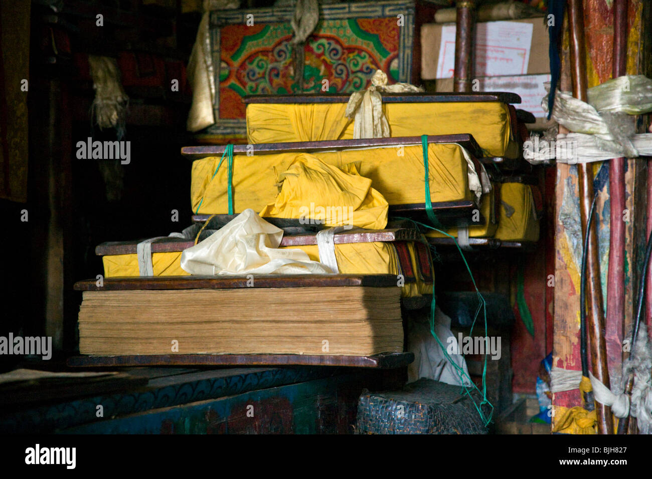 TIBETAN BUDDHIST SACRED TEXTS inside a temple in SAMDO on the AROUND ...