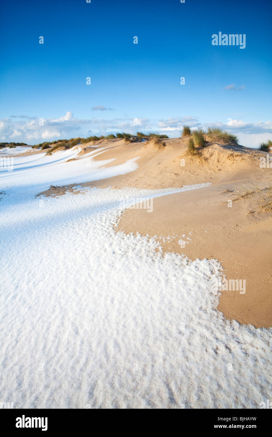 Winter snow on the beach and sand dunes at Holkham Bay on the North ...