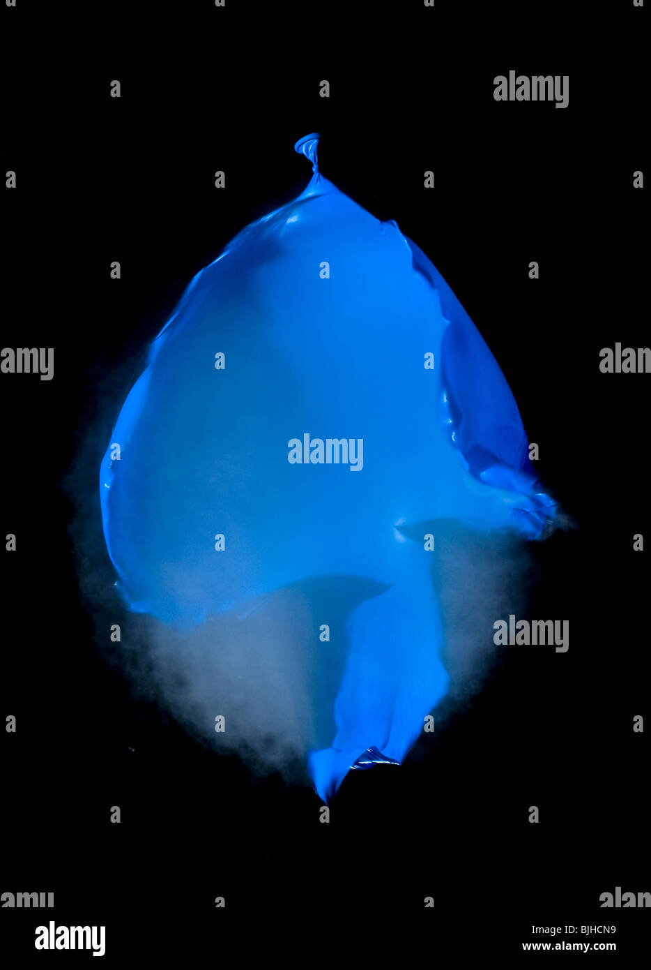A smoke filled blue balloon bursting when shot with an air rifle. Sound ...