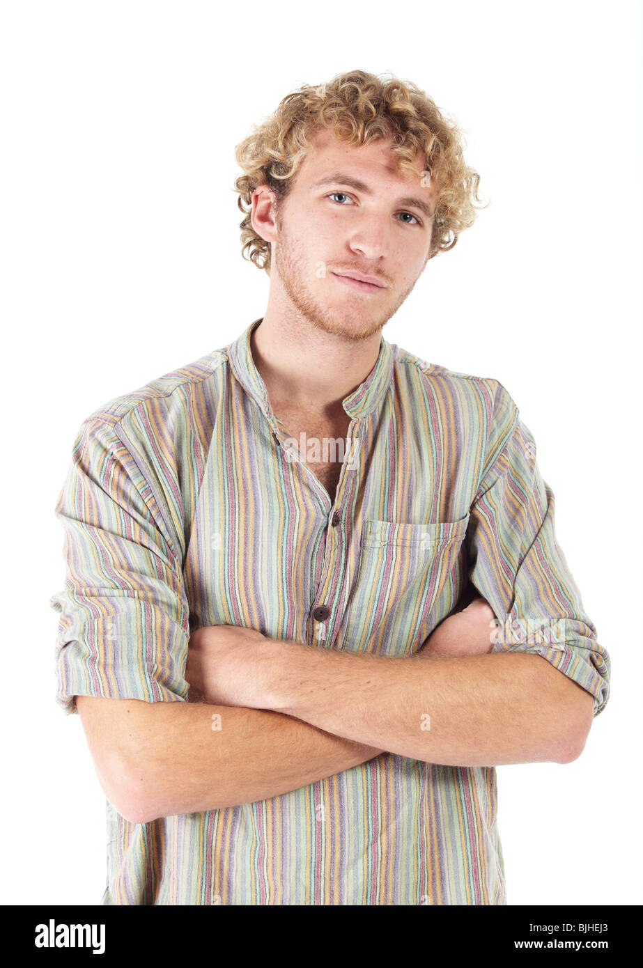Young adult Caucasian man with curly hair on a white background Stock ...