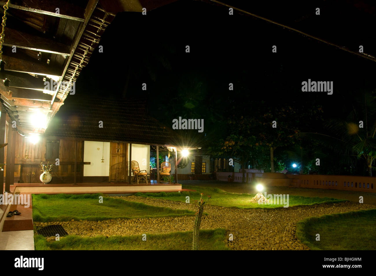 Exterior of a homestay resort at night - Allepey, Kerala, India Stock ...