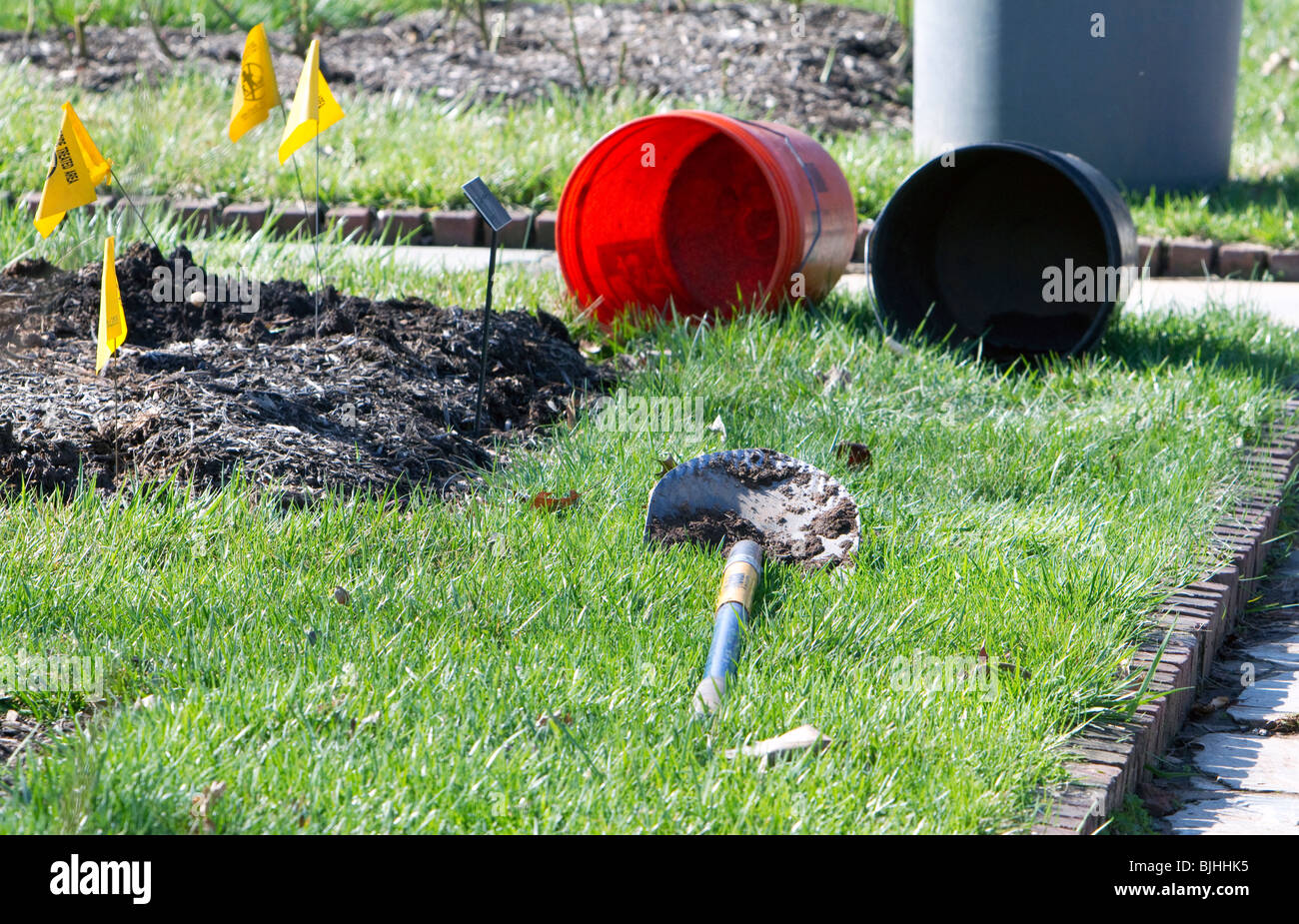 Working in the garden. Spring cleanup and planting. A spade and two ...