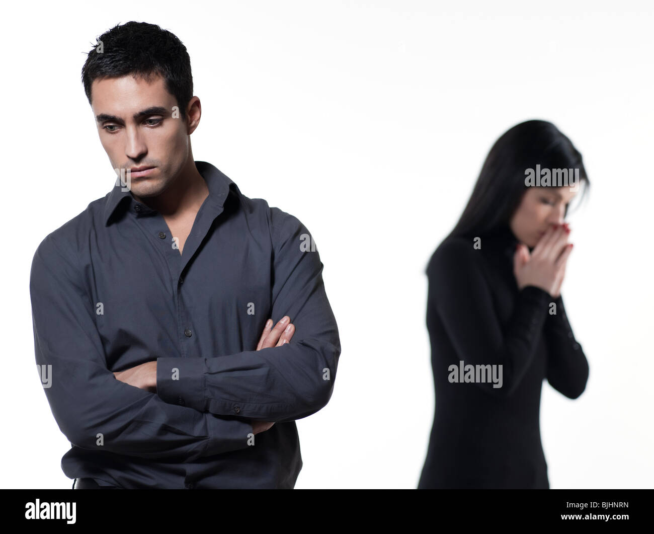 one young couple relationship difficulties dispute with woman crying on ...