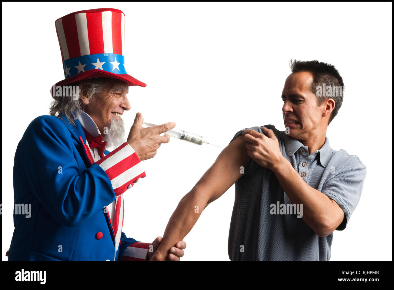 uncle sam giving a man an injection Stock Photo - Alamy