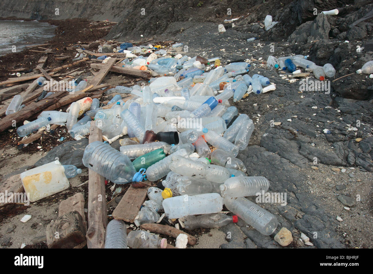 Marine litter, plastic bottles. Washed up, Chapmans pool, Dorset ...