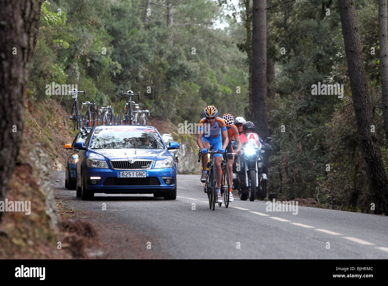Leading cyclists competing in the Tour of Catalonia 2010, passing Els ...