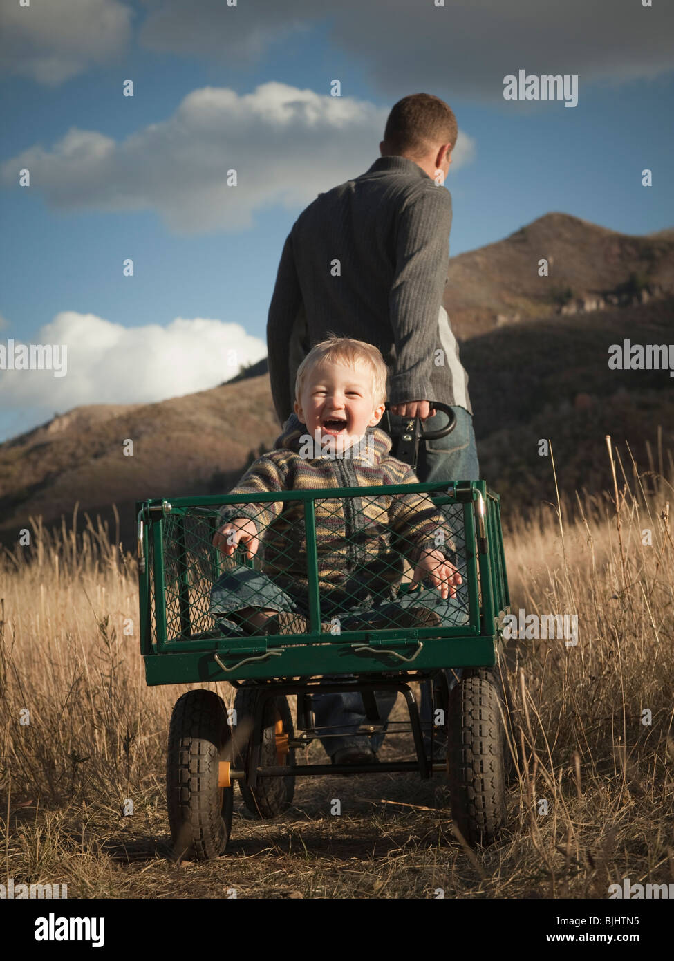Father pulling son in wagon Stock Photo - Alamy