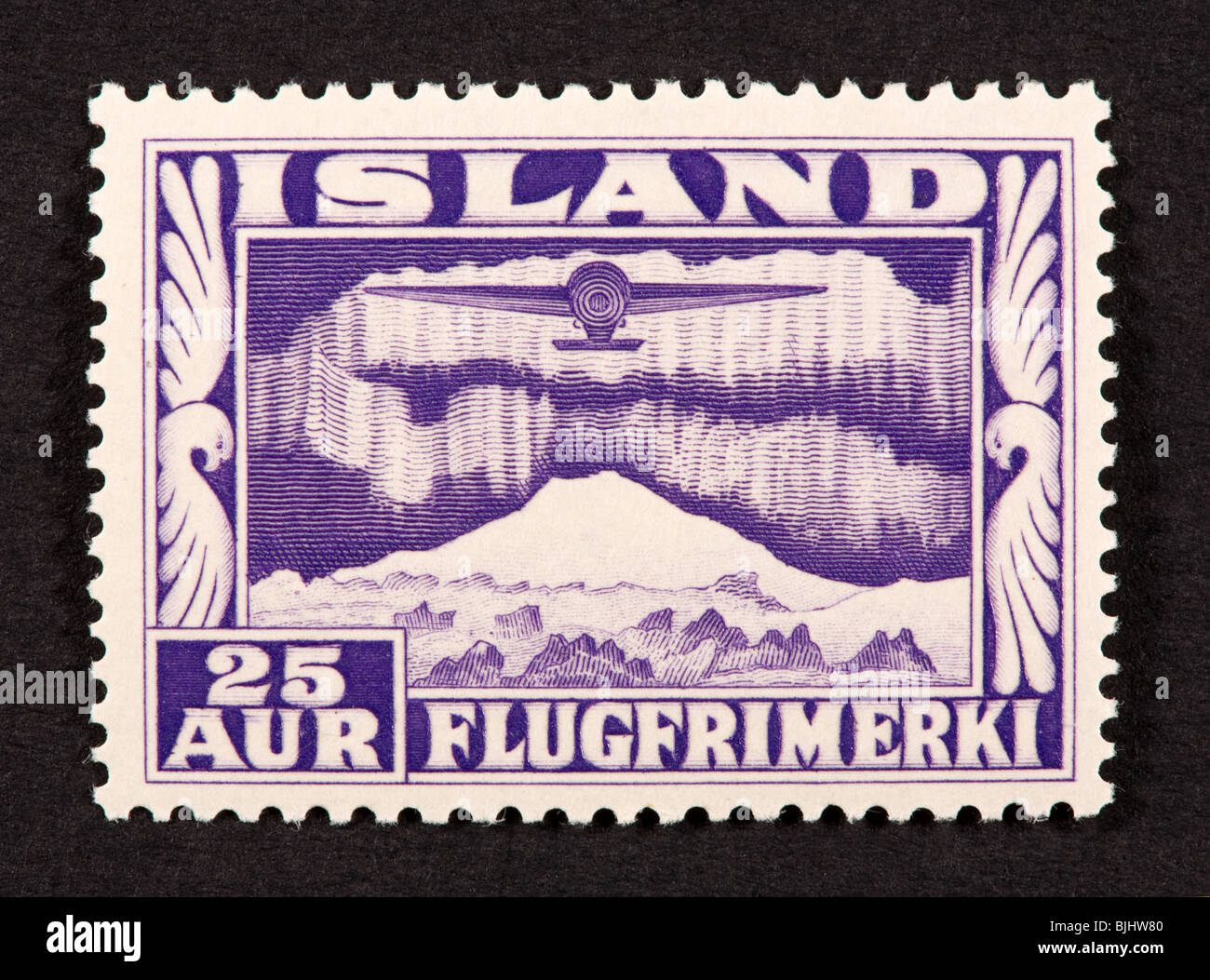 Postage stamp from Iceland depicting a plane and the Aurora Borealis ...