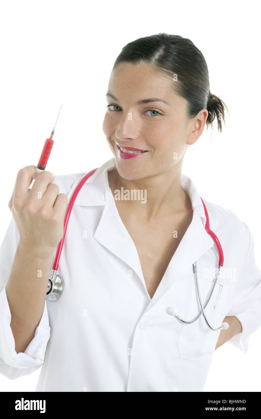 Beautiful woman doctor with red syringe injection in hand Stock Photo ...