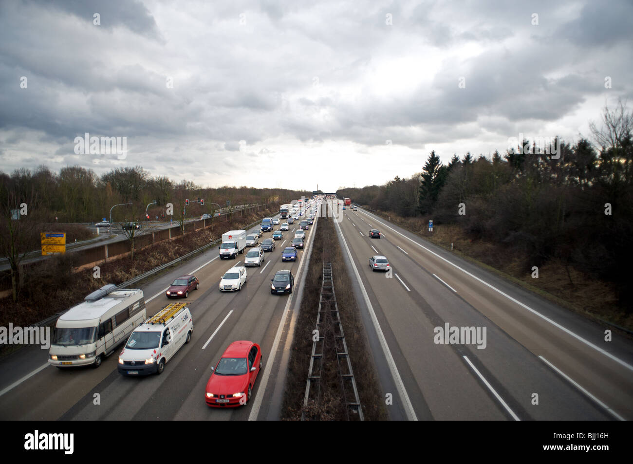 Slow moving traffic on the Autobahn heading out of Cologne, Germany ...