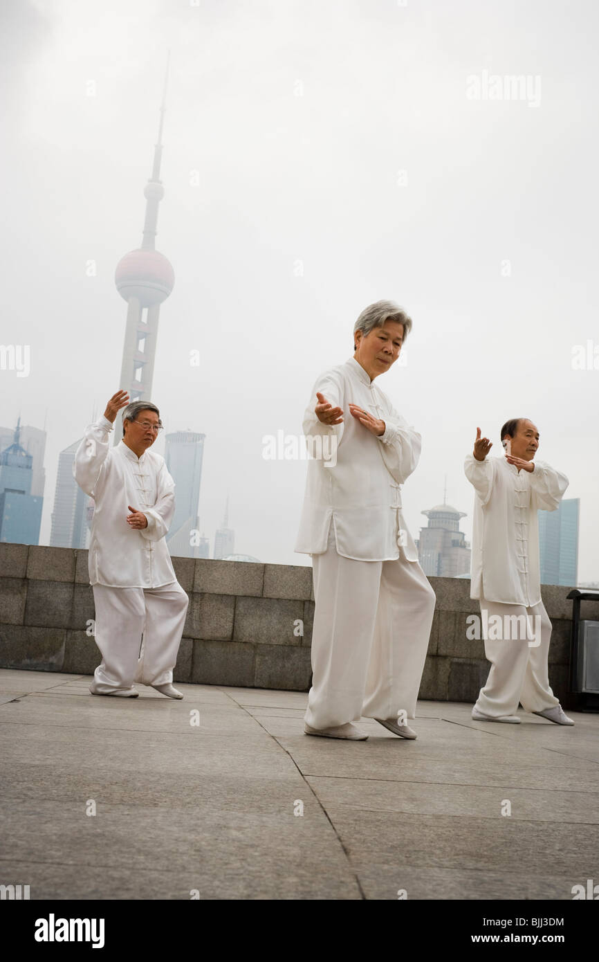 Group doing tai chi outdoors with city skyline in background Stock ...