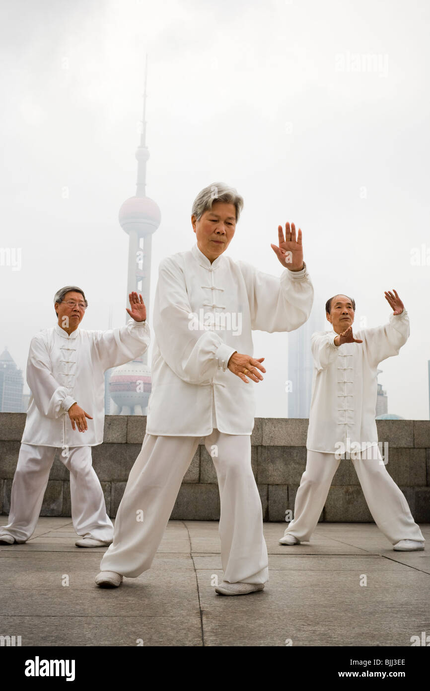 Group doing tai chi outdoors with city skyline in background Stock ...