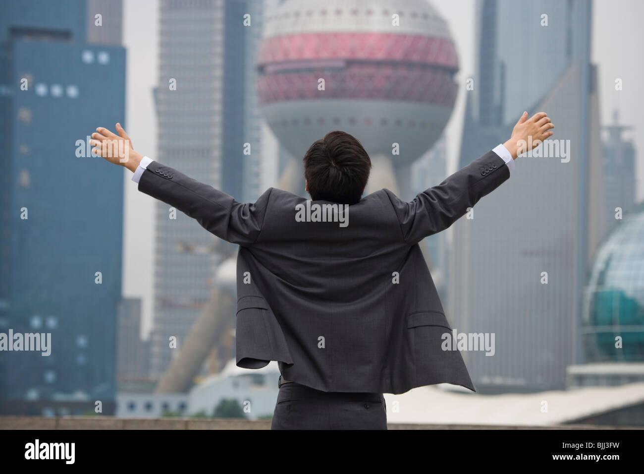 Rear view of businessman with arms up facing city skyline Stock Photo ...