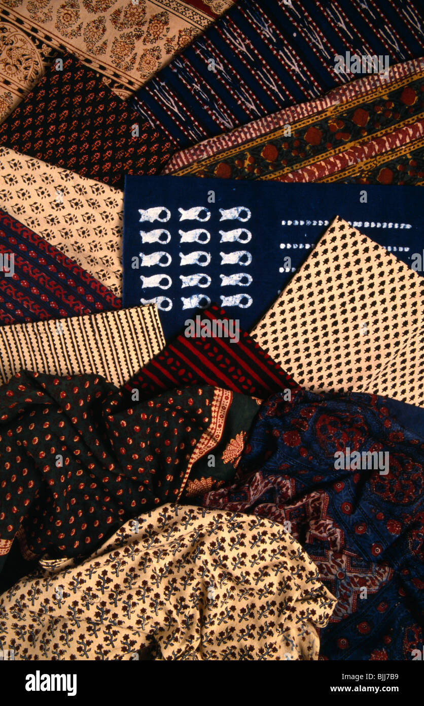 India, South Asia, Rajasthan, Selection of colourful patterned textile ...