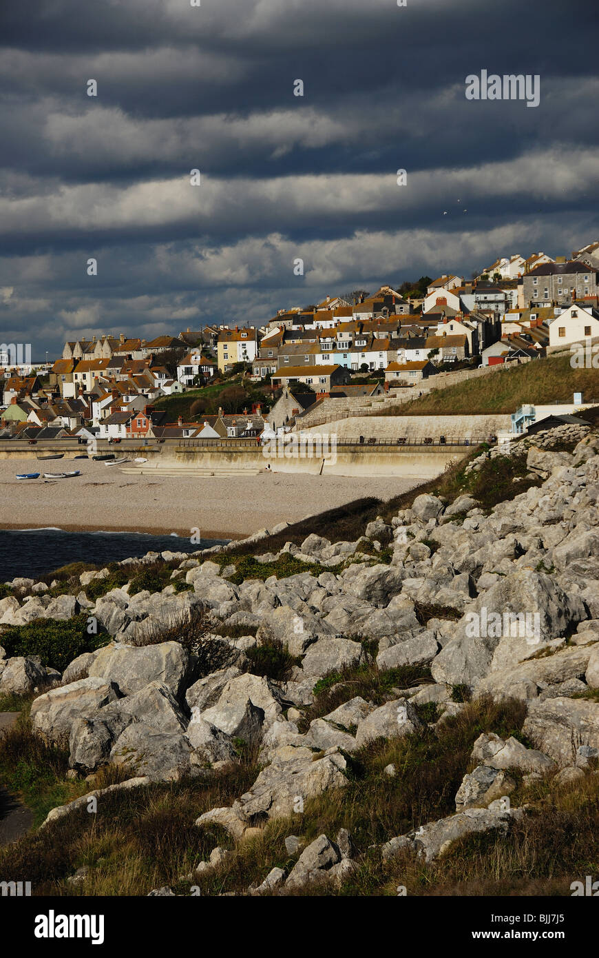 The coastal town of Chiswell on the island of Portland, Dorset, UK ...