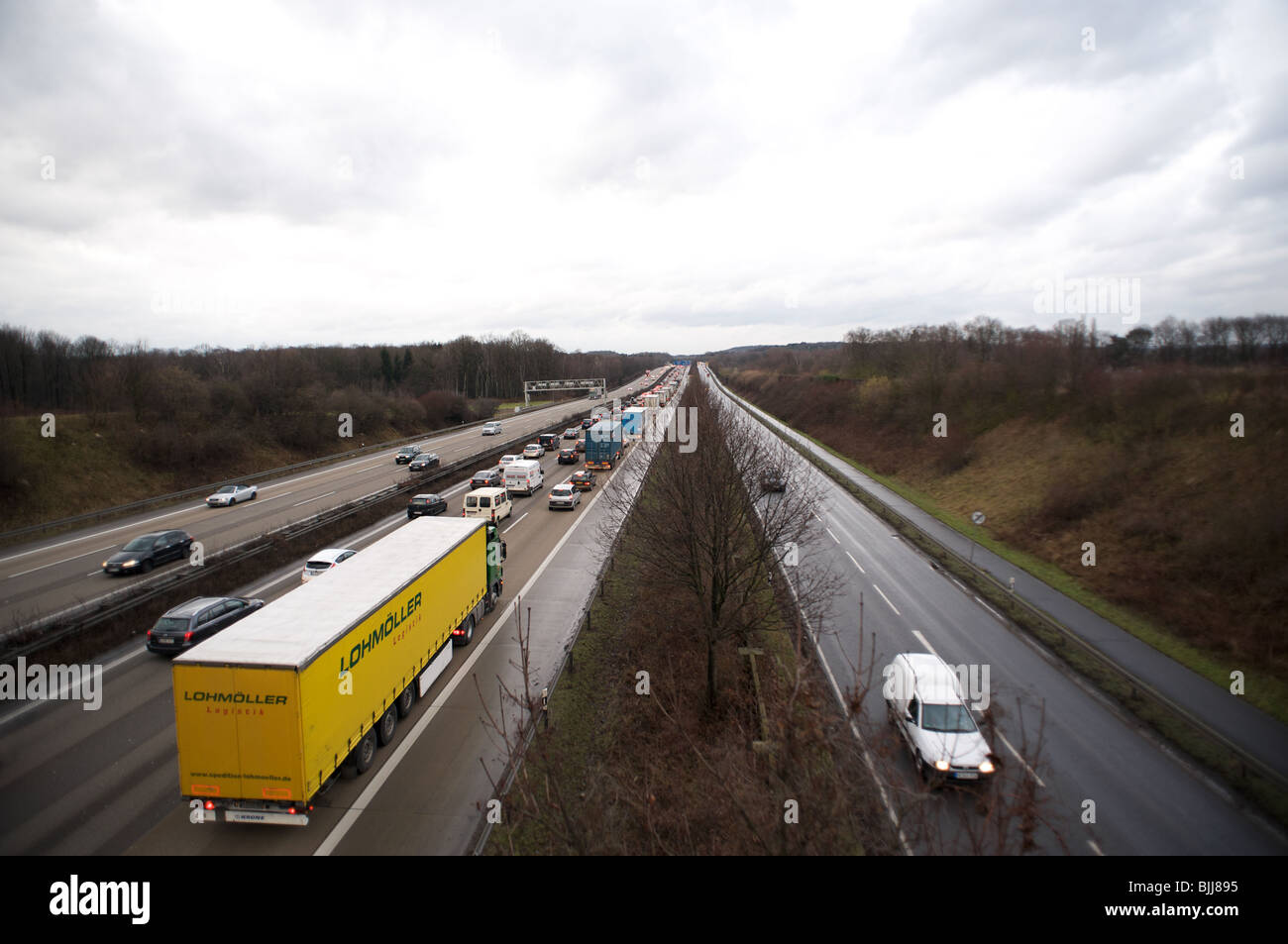 Slow moving traffic on the Autobahn 1 (A1) heading out of Cologne ...