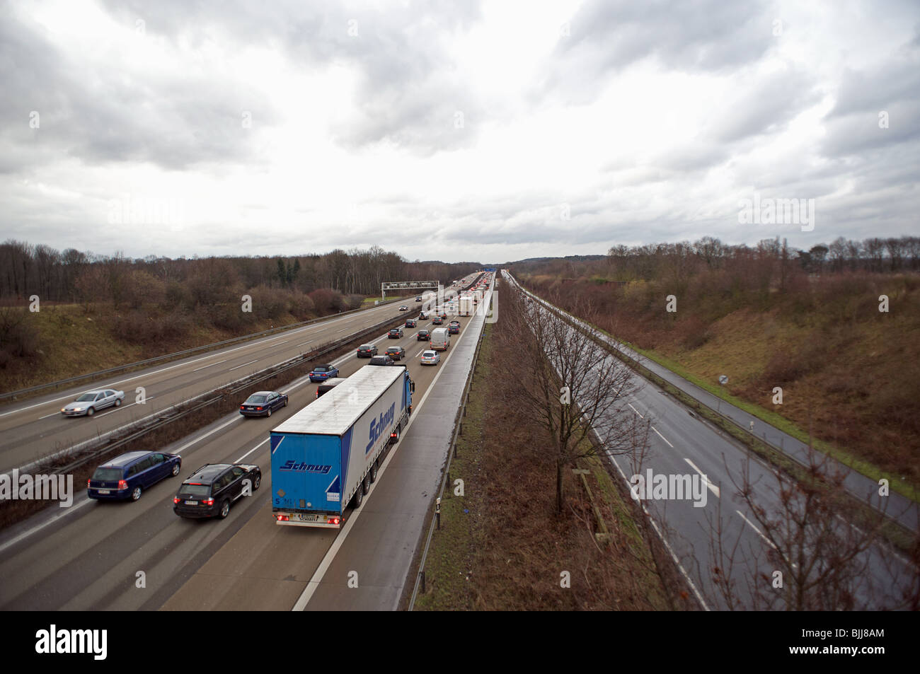 Slow moving traffic on the Autobahn heading out of Cologne, Germany ...
