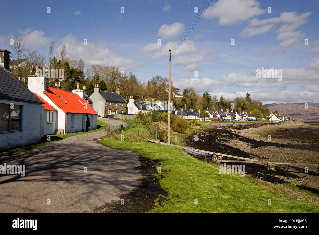View of Lochcarron village Wester Ross with cottages along front Stock ...