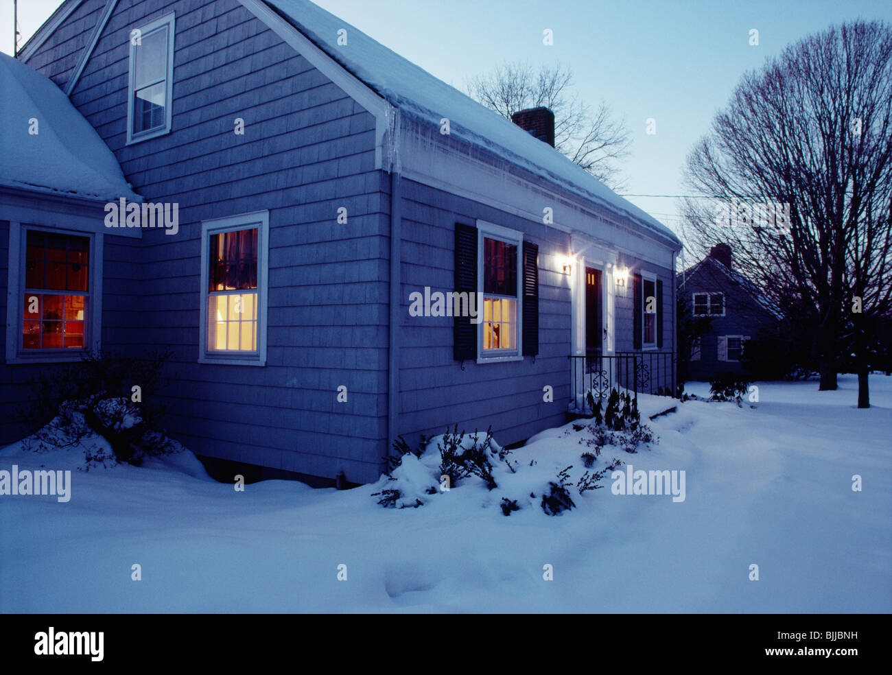 Nighttime, Middle Class House Exterior in Winter, Passage of Time ...