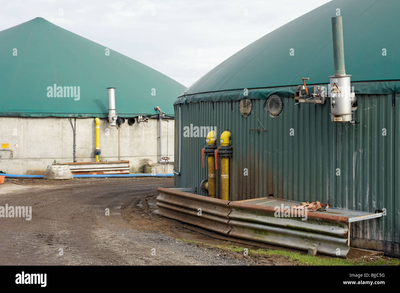 Biogas storage tanks on a farm producing energy from animal waste Stock ...
