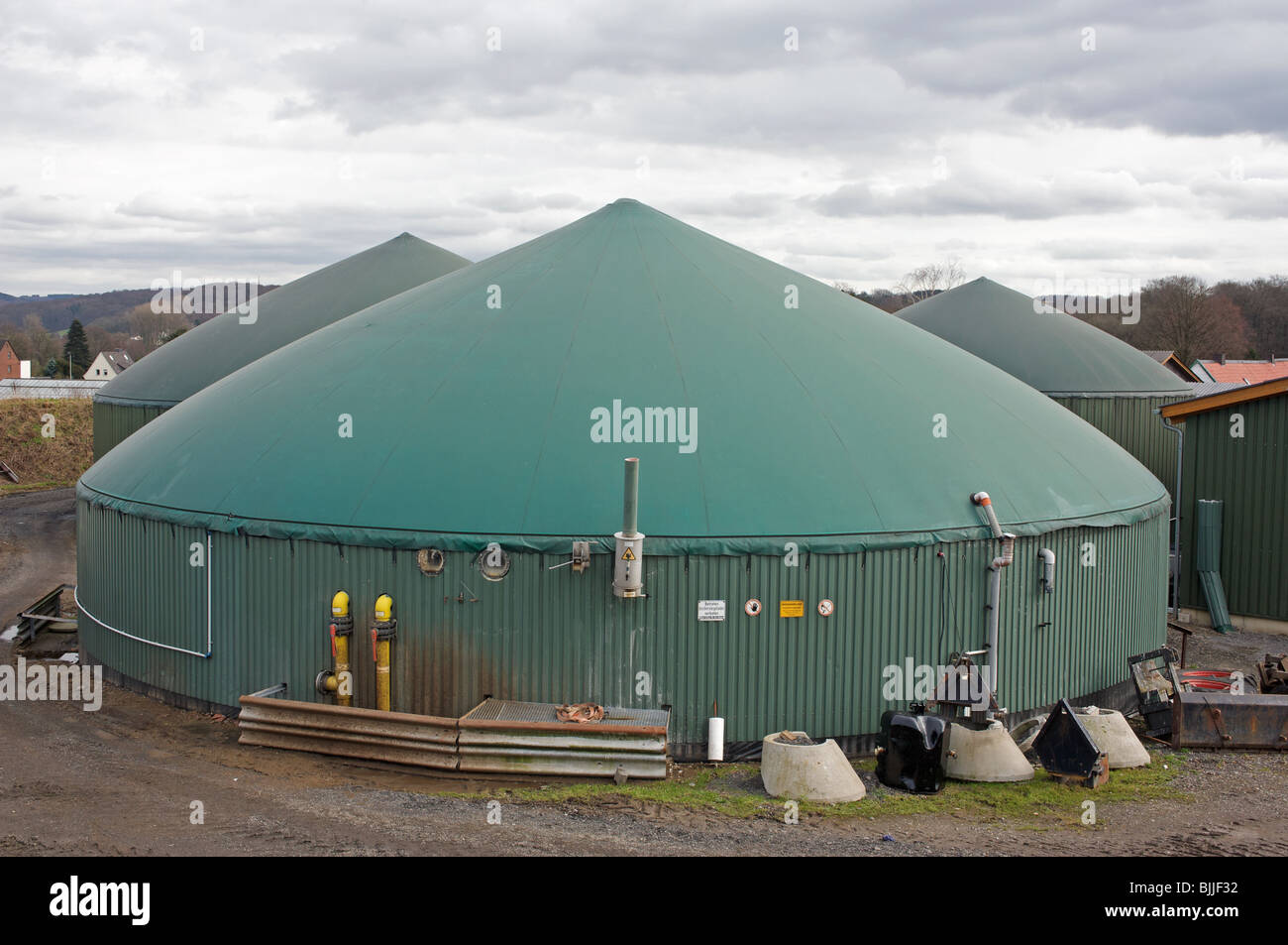 Biogas storage tanks on a farm producing energy from animal waste Stock ...