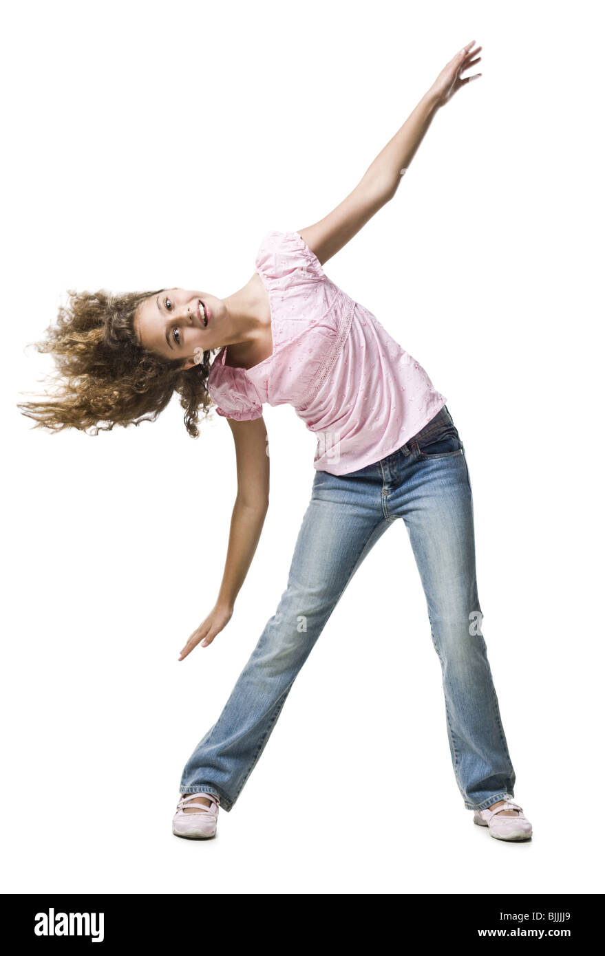 Girl leaning with arms up Stock Photo - Alamy