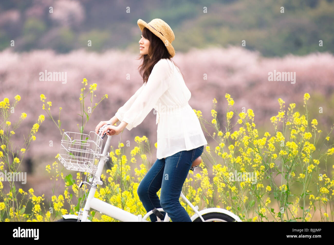 Woman cycling through spring landscape Stock Photo - Alamy