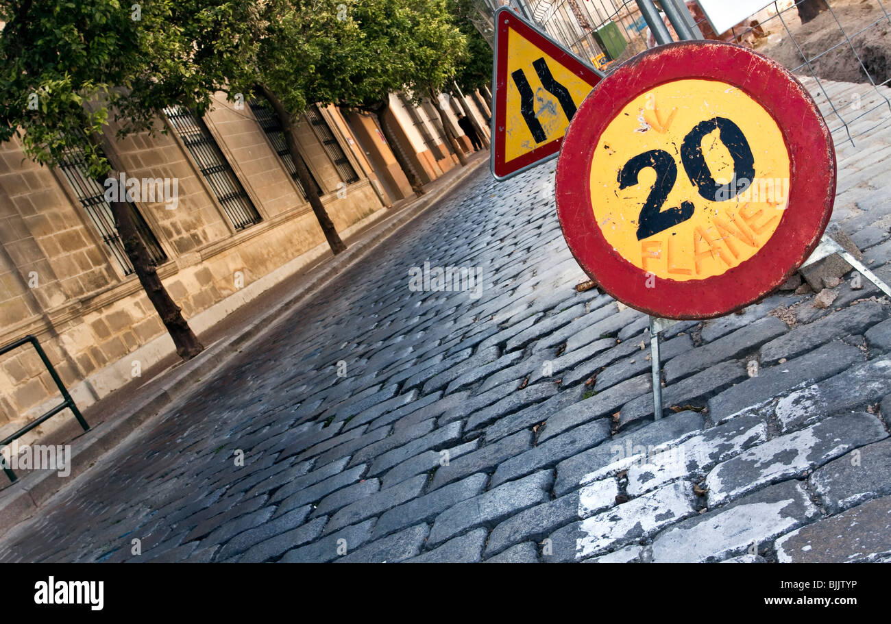 Traffic signs at a construction site in Spain, Europe Stock Photo - Alamy
