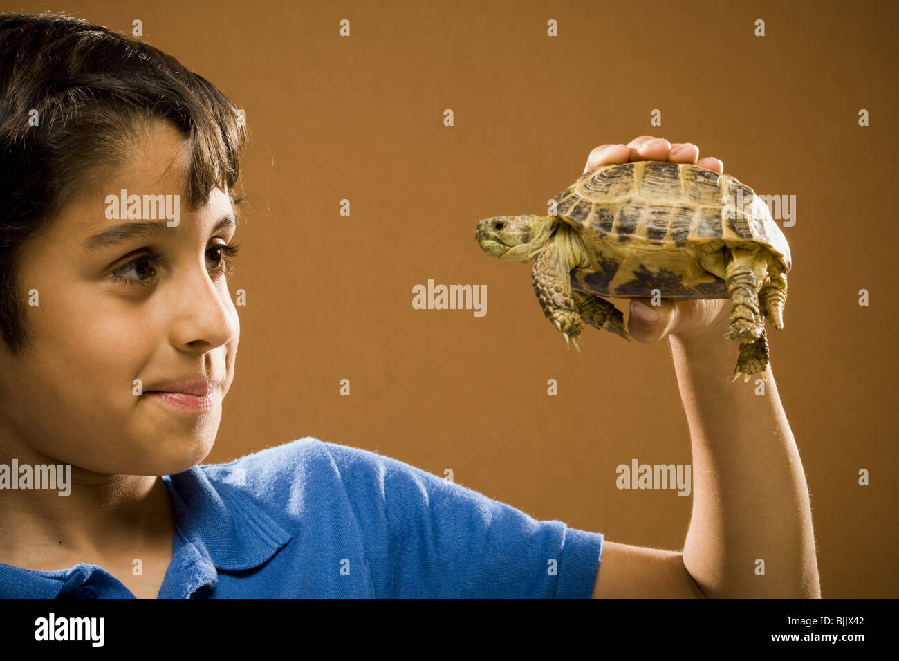 Boy holding turtle smiling Stock Photo - Alamy