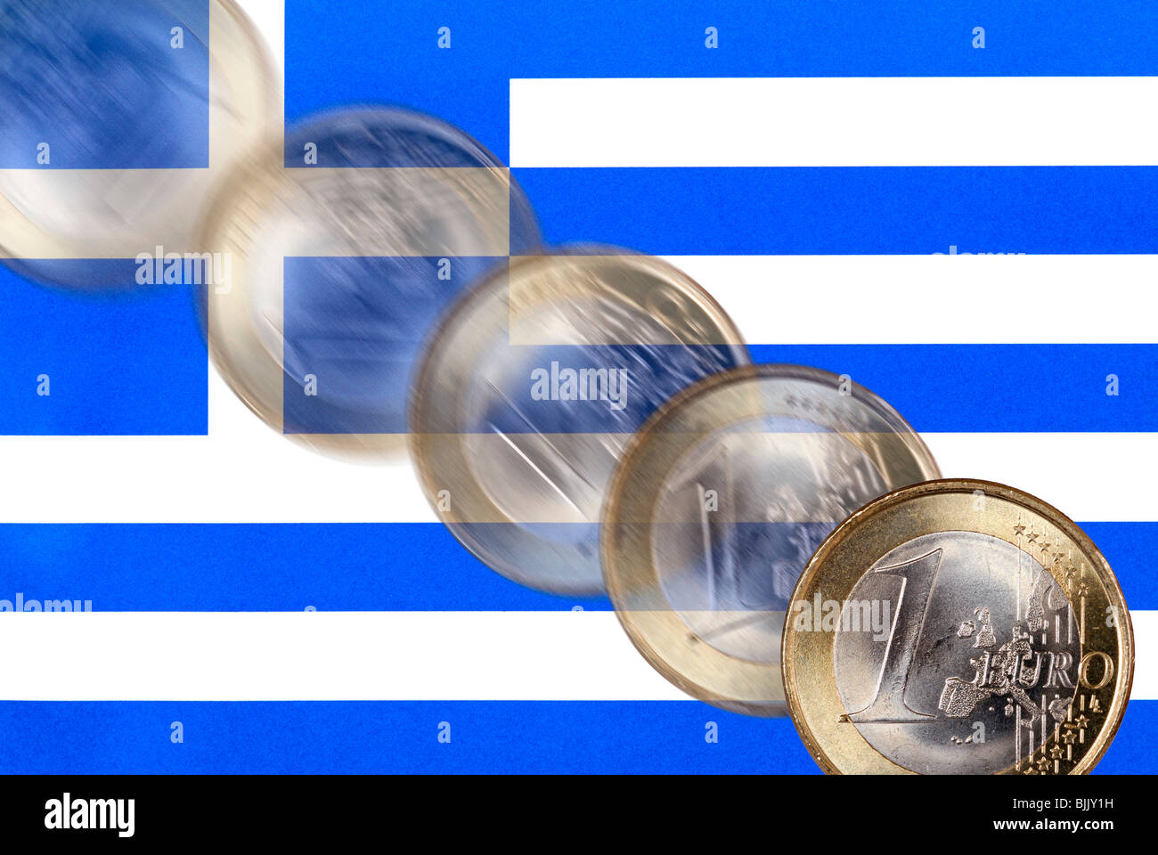 Greek national flag and falling euro coin, symbolic for the Greek ...