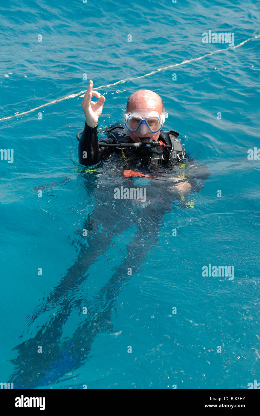 Diver at the surface of water doing the OK sign Stock Photo - Alamy