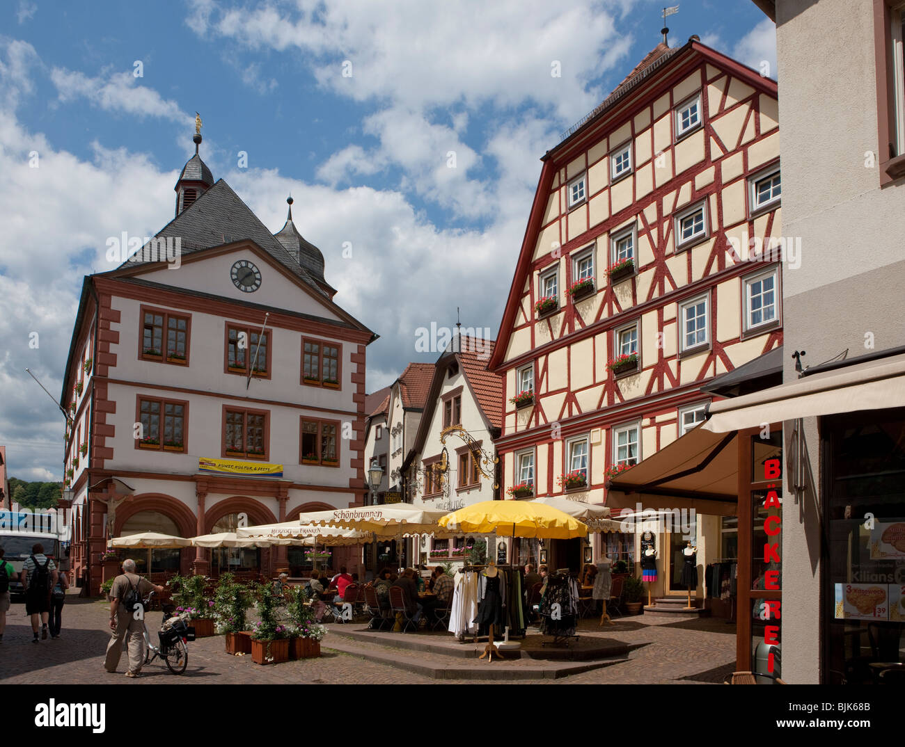 City library and market square, Hauptstrasse, main street, Lohr am Main ...