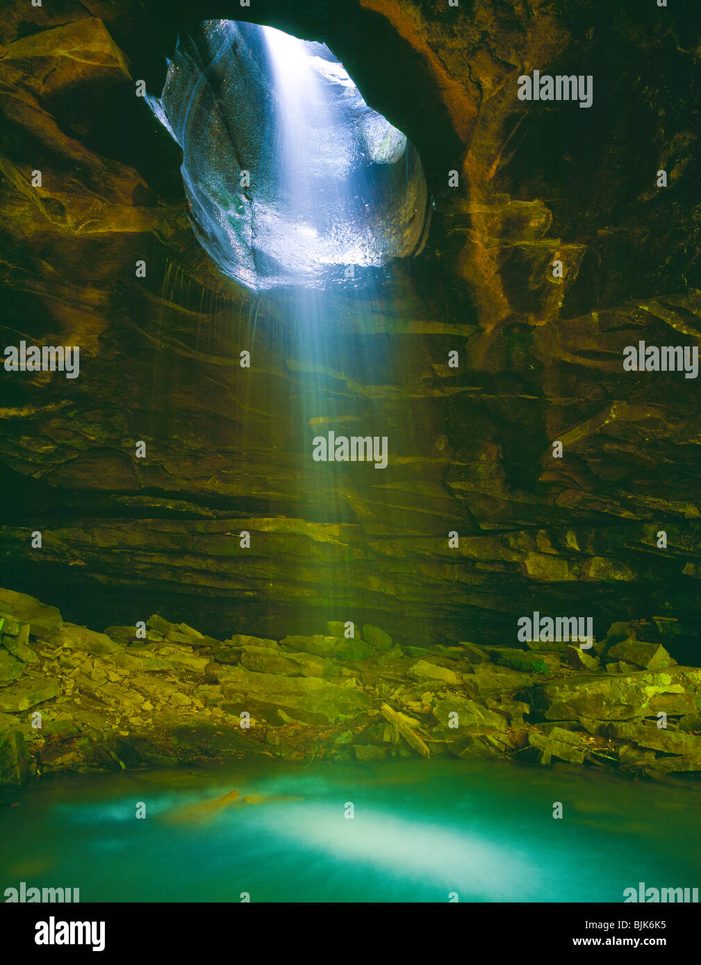 Waterfall through natural bridge Buffalo National River, Arkansas ...
