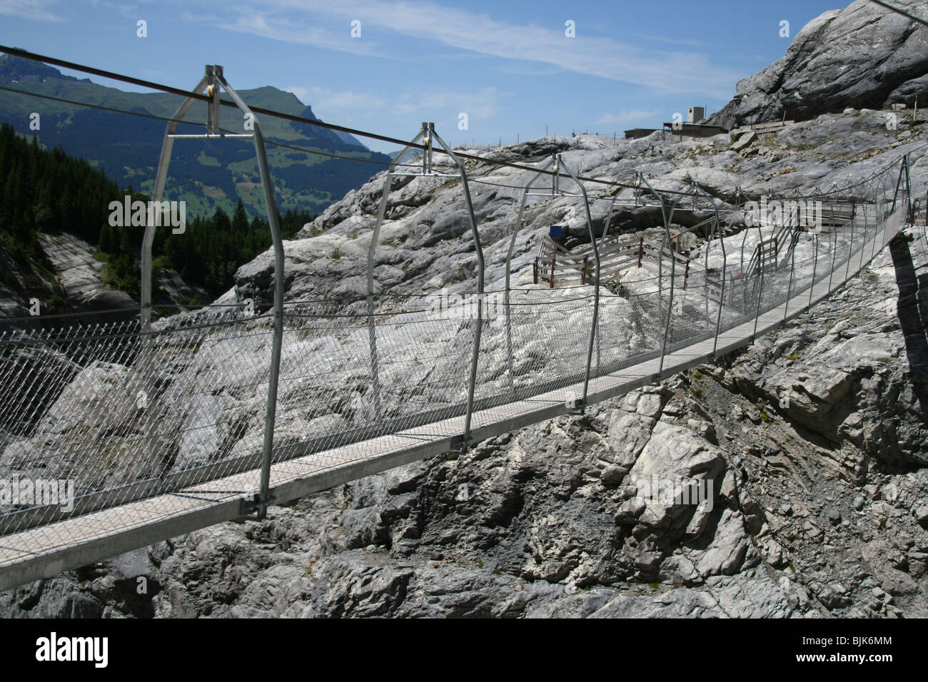 Rope bridge over gap in upper Grindelwald Glacier in Switzerland alps ...