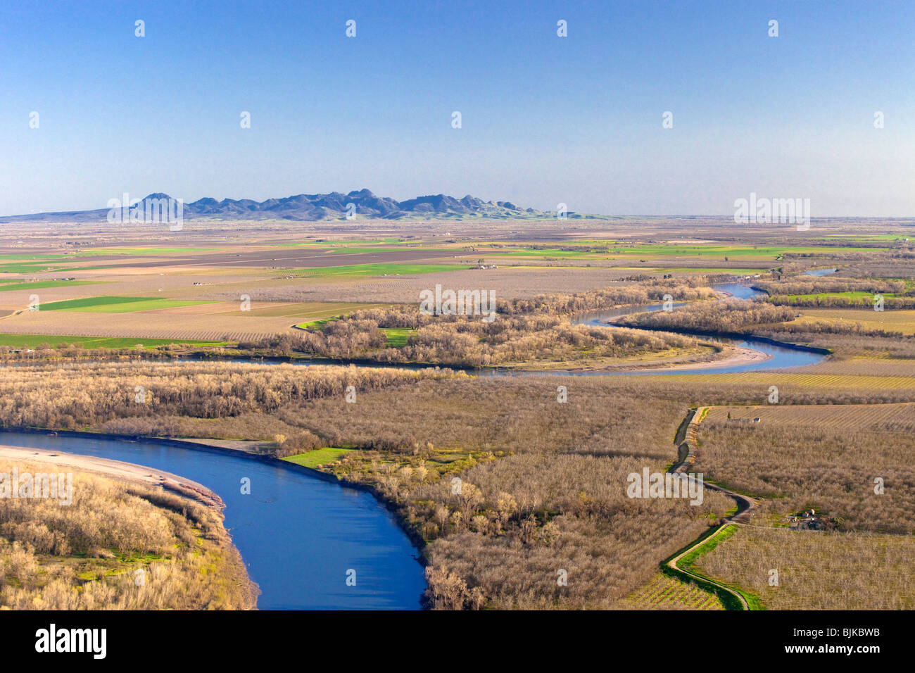 Aerial view of the Sacramento River and the Sutter Buttes in the ...