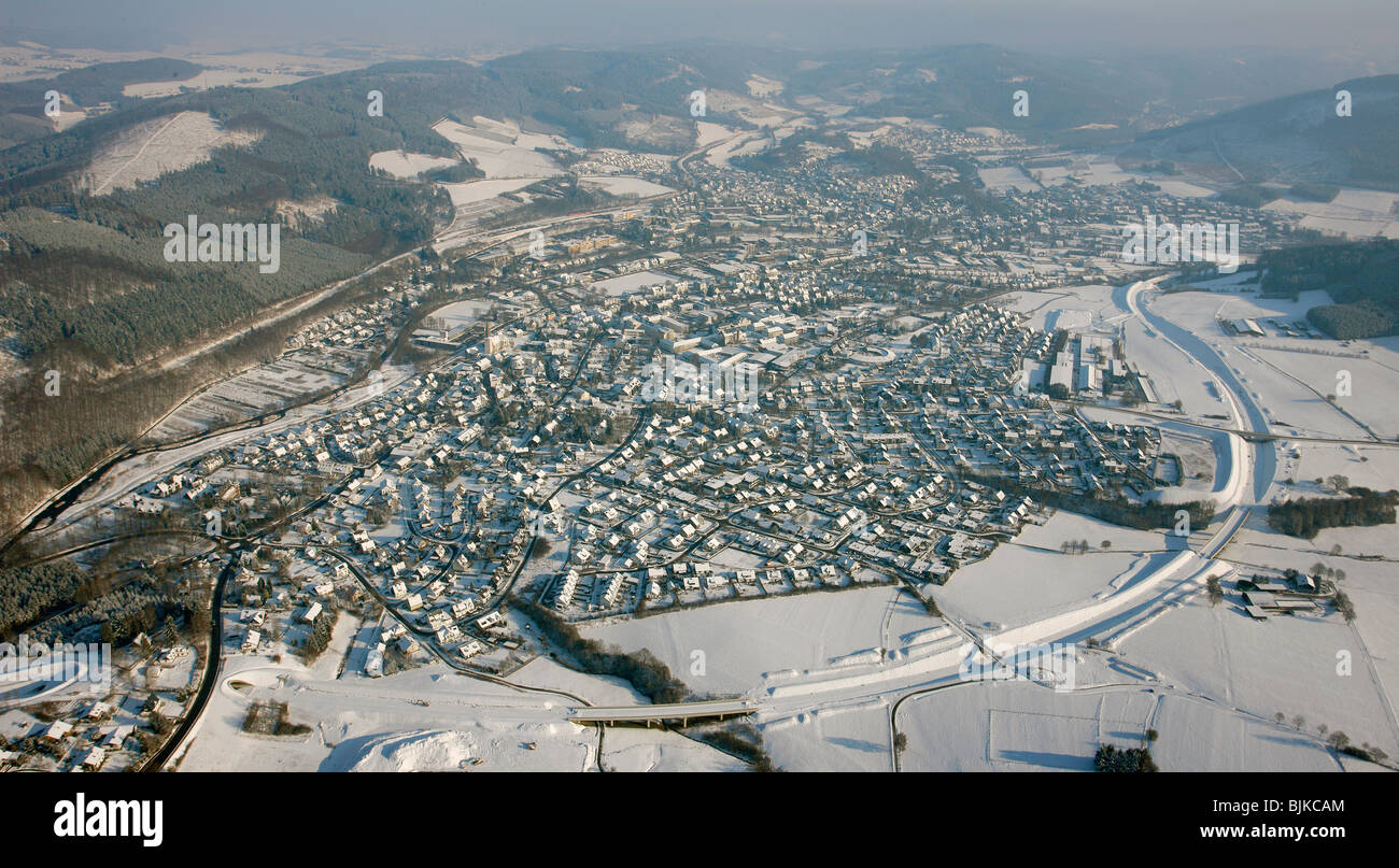 Aerial photo, snow in winter, Olsberg, Sauerland, North Rhine ...