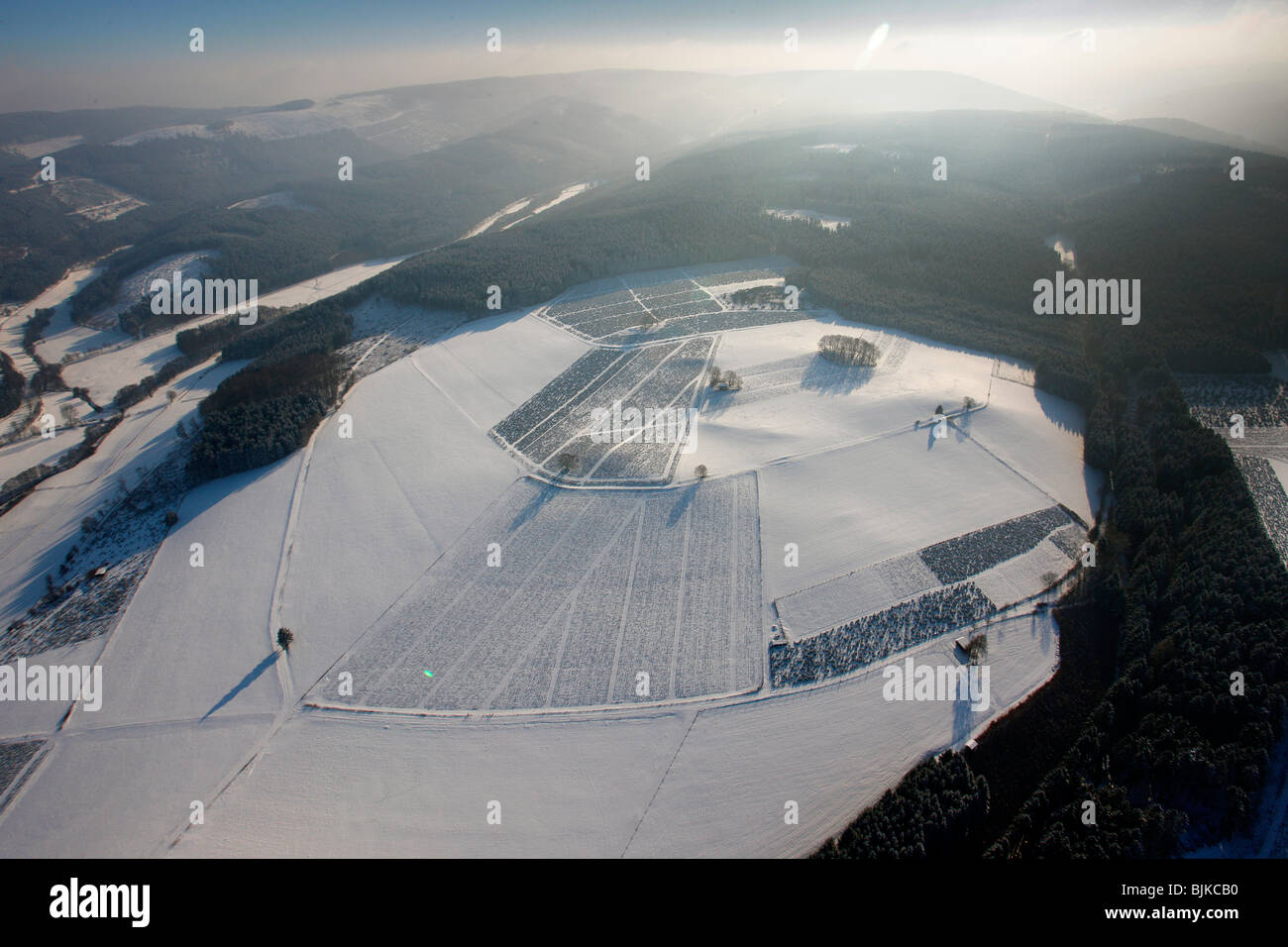 Aerial photo, renaturation following the Kyrill storm, snow, winter ...