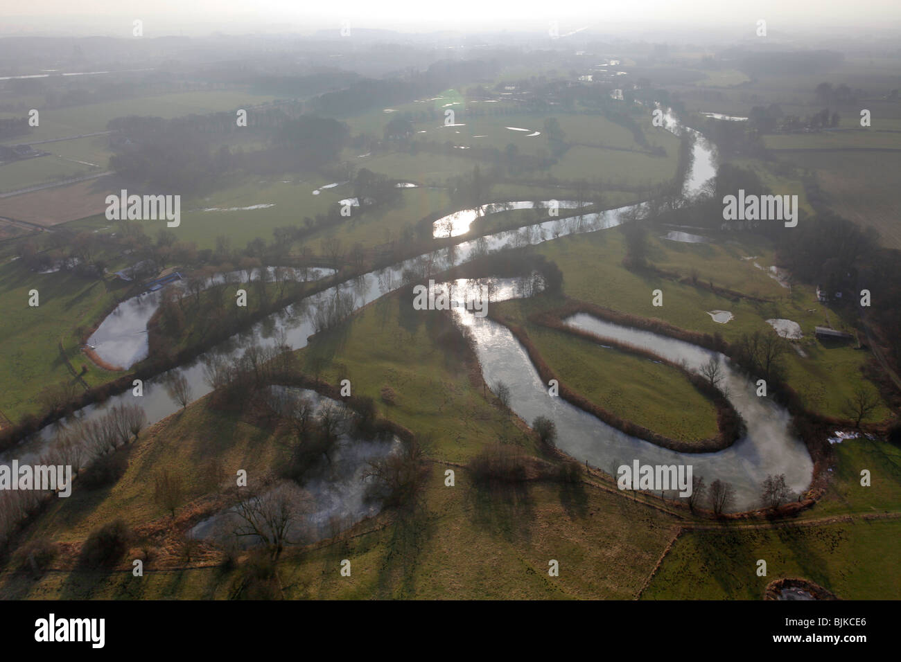 Aerial photo, Lippe River, Lippe meander and meadows, Luenen city ...