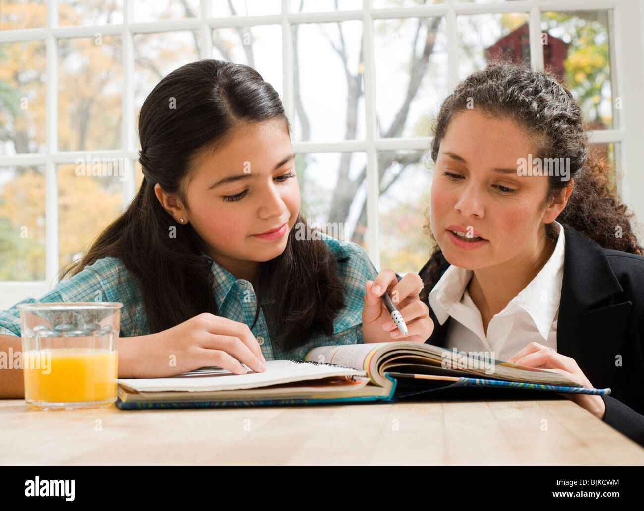 Woman and girl doing homework Stock Photo - Alamy