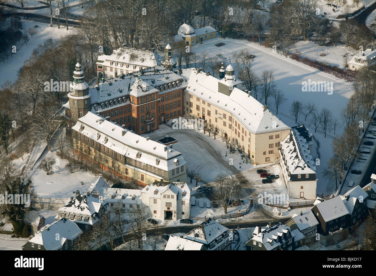 Aerial photo, Schloss Berleburg Castle in the snow in winter, Bad ...