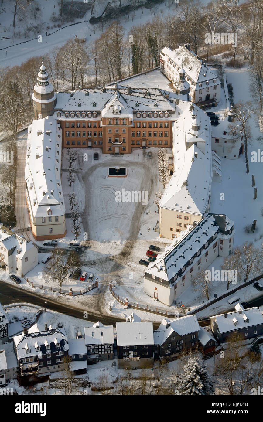 Aerial photo, Schloss Berleburg Castle in the snow in winter, Bad ...