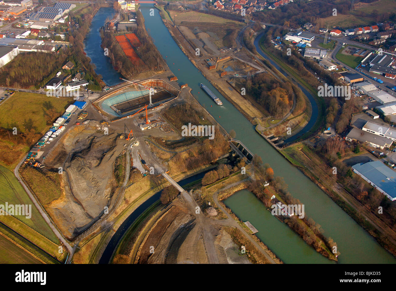 Aerial photo, Emscher River, Emscher Dueker, Henrichenburg, Rhine-Herne ...